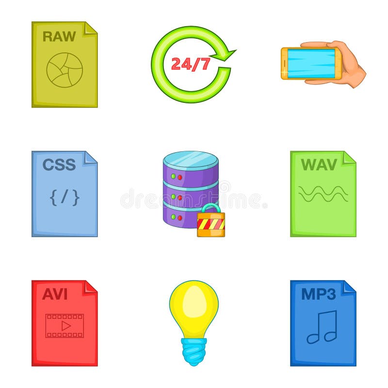 File Processing Icons Set, Cartoon Style Stock Vector - Illustration of ...