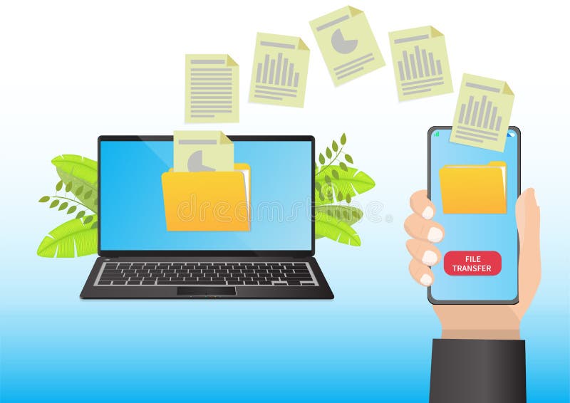 File Transfer. Hand Holding Smartphone with Folder on Screen and File ...