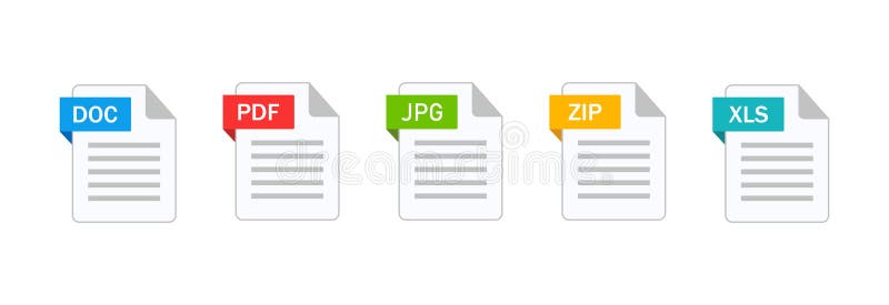 File Type Icons in Flat Style. Document in Format Doc, Pdf, Jpeg, Zip, Xls Stock Vector ...