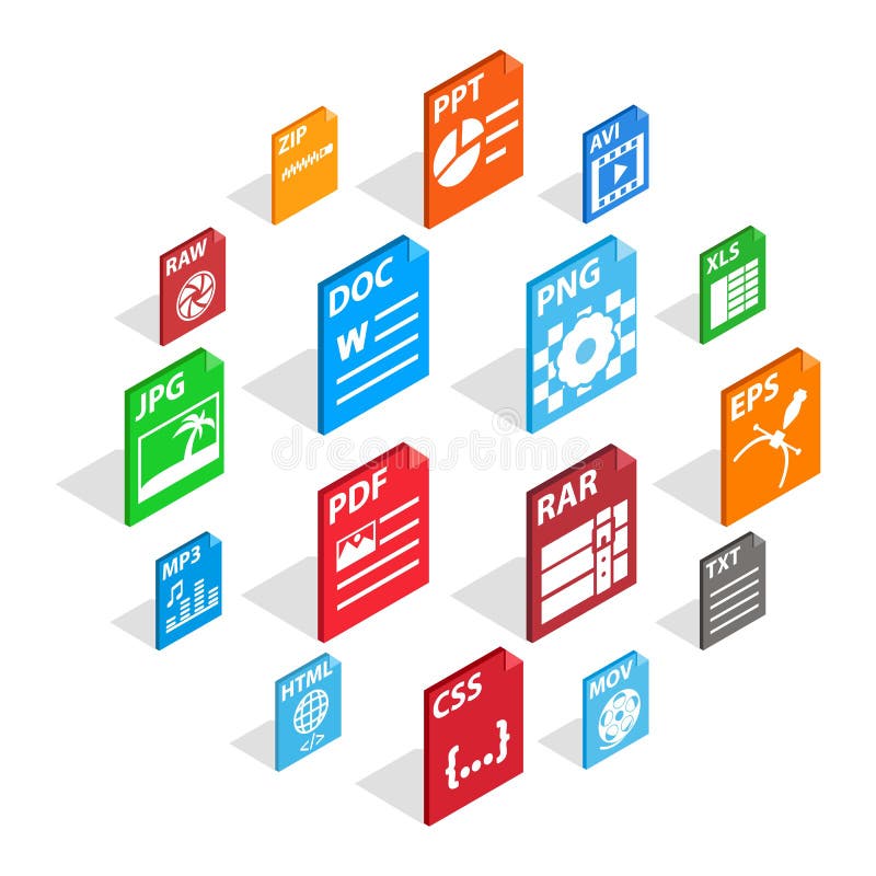 File Type Icons Set, Isometric 3d Style Stock Vector - Illustration of ...