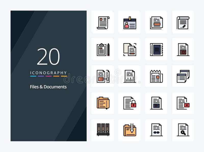 20 Files and Documents Line Filled Icon for Presentation. Vector Icons ...
