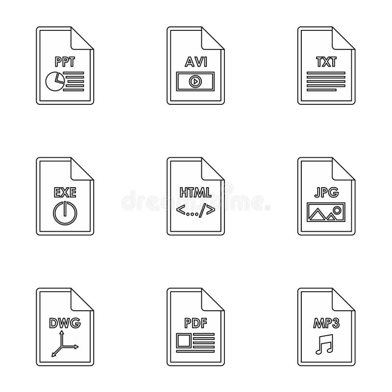Files Icons Set, Outline Style Stock Illustration - Illustration of ...