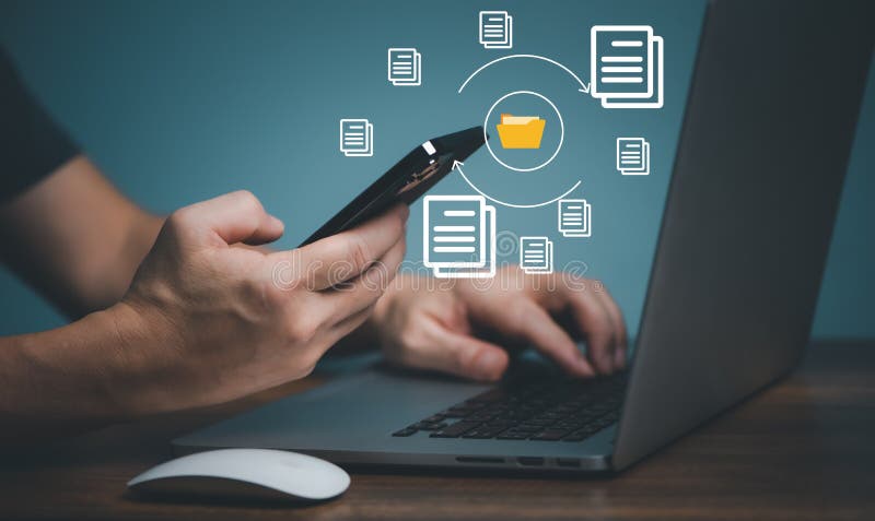 Files Transfer Technology. User Using Mobile Phone Connection between ...