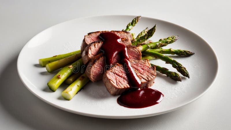 Filet Mignon with Asparagus and Red Wine Sauce on a White Plate. Stock ...