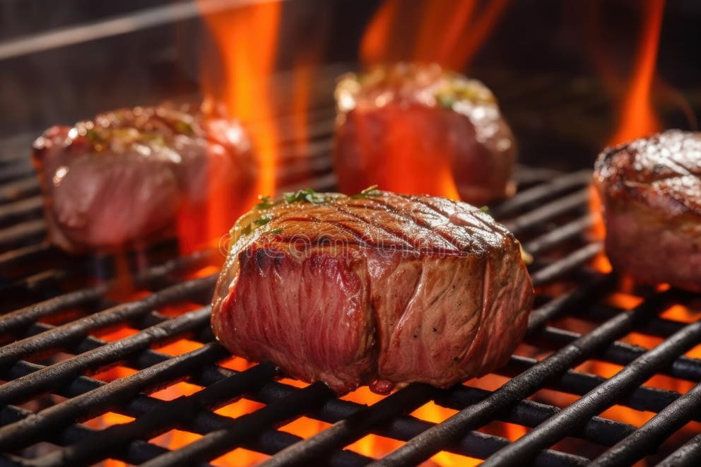 Filet Mignon on Barbecue Grill with Open Flame Stock Photo - Image of ...