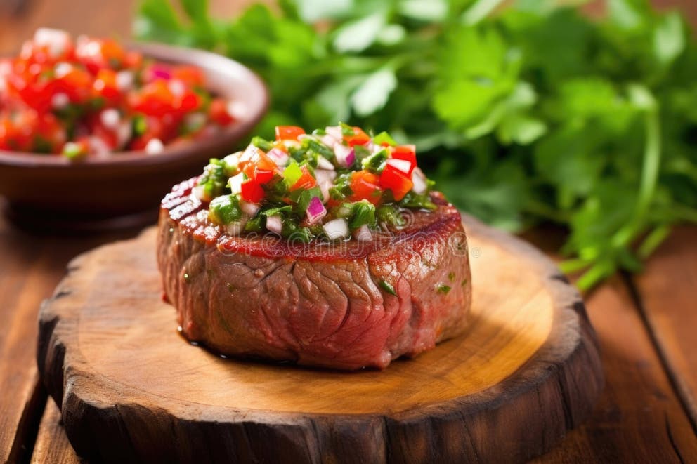 Filet Mignon on Rustic Wooden Table with Fresh Salsa Stock Photo ...