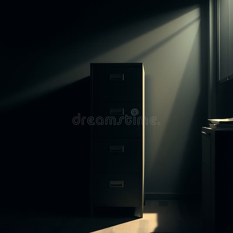 A Filing Cabinet in a Dark Moody Office Space with a Beam of Light ...