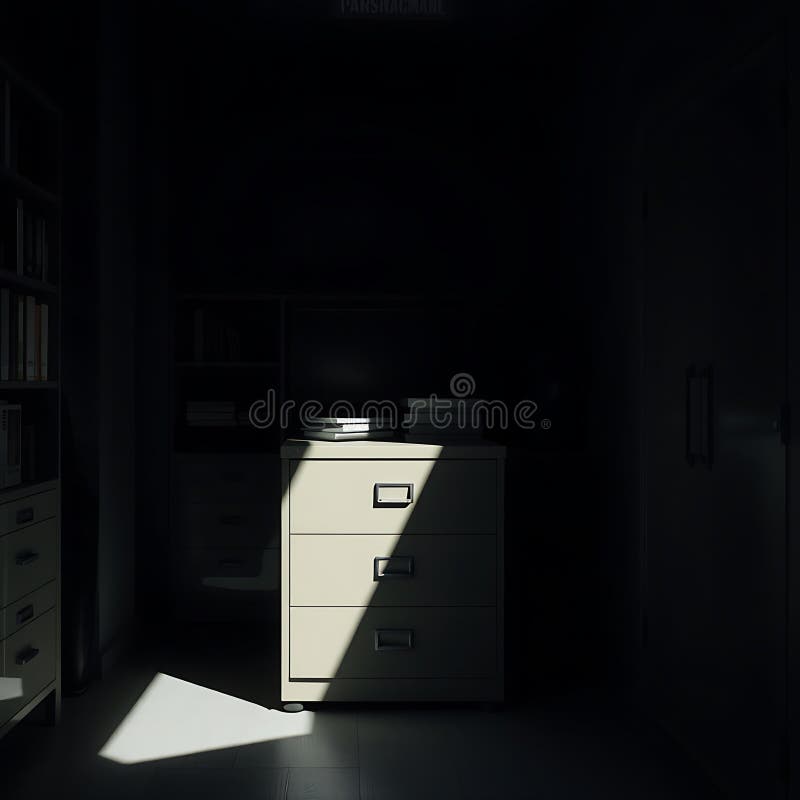 A Filing Cabinet in a Dark Moody Office Space with a Beam of Light ...