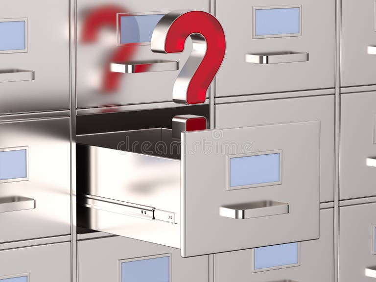 Filing Cabinet with Open Drawer and Question Mark. 3D Illustration ...