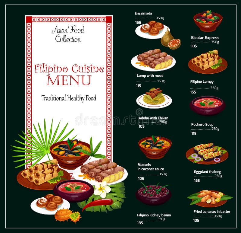 Filipino Restaurant Menu Traditional Cuisine Stock Vector