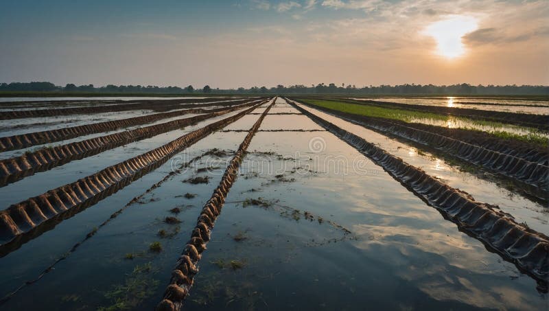 The Field, Ready for Planting Rice, is Filled with Water Up To Horizon ...
