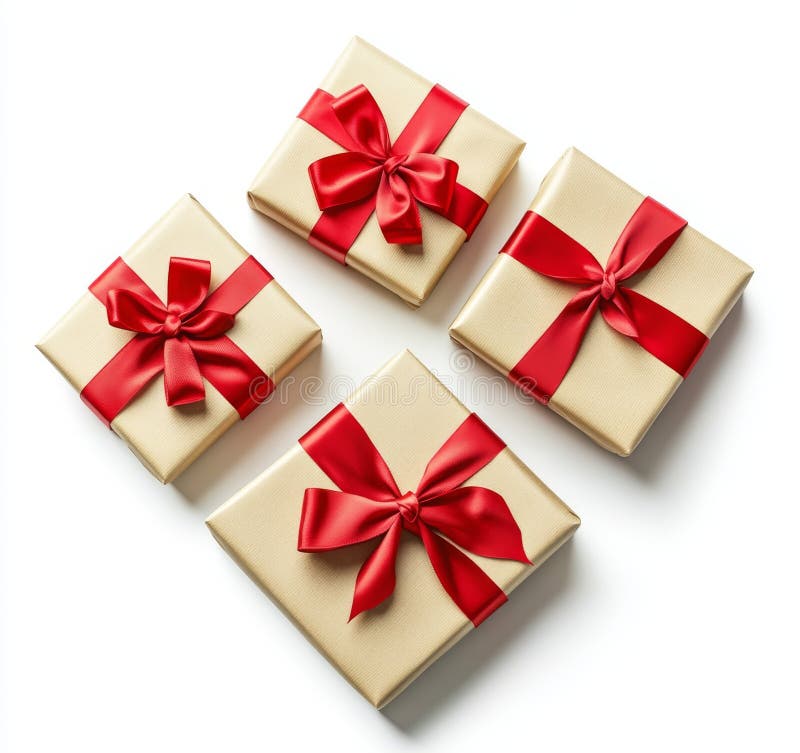 Fill Three Golden Gift Boxes with Red Ribbons To Wrap Presents. Stock ...