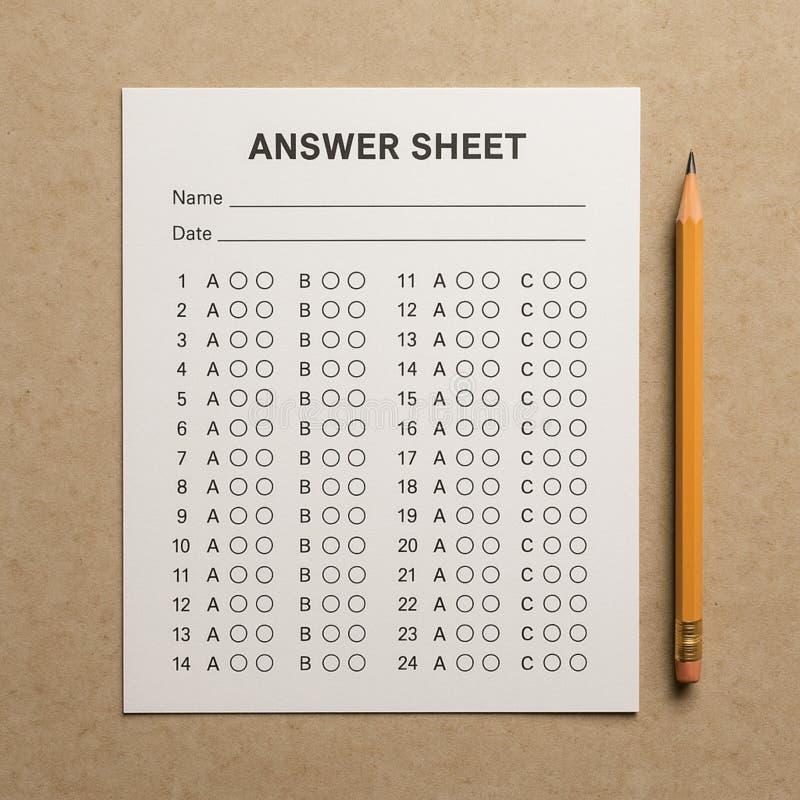 Filled Answer Sheet with Pencil—multiple Choice Exam Submission Concept ...