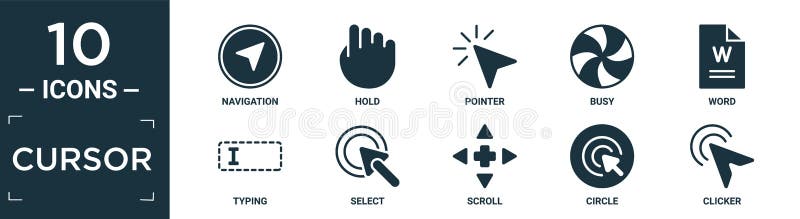 Filled Cursor Icon Set. Contain Flat Navigation, Hold, Pointer, Busy ...