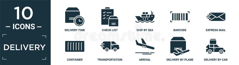 Filled Delivery Icon Set. Contain Flat Delivery Time, Check List, Ship ...