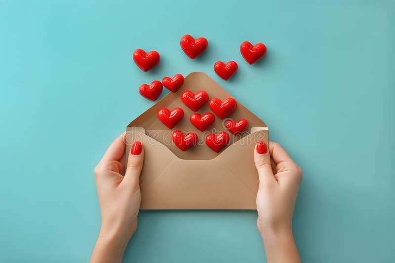 Filled Envelope Overflowing Heart Shaped Decorations Blue Background ...