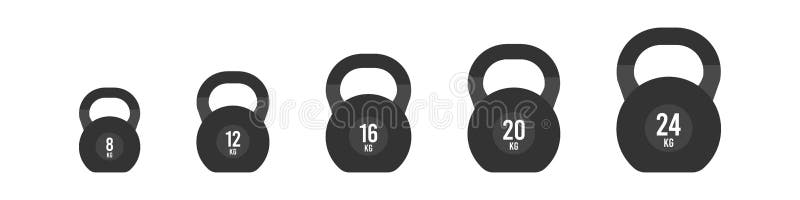 Filled Icon Set Kettlebells. Different Weights and Sizes: 8, 12, 16, 20 ...