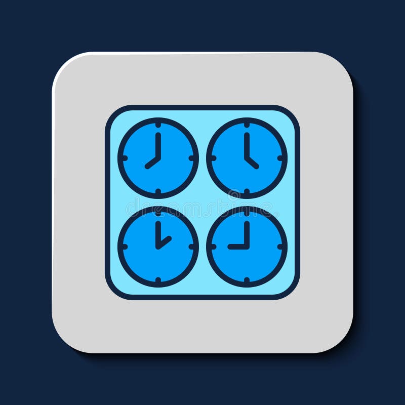 Filled Outline Time Zone Clocks Icon Isolated on Blue Background ...