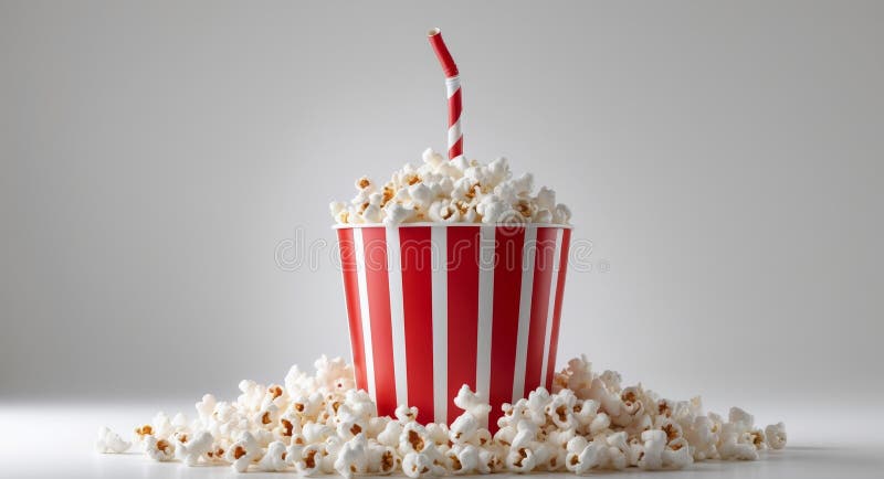 A Filled Popcorn Bucket with Red Stripes and a Straw. Stock Photo ...