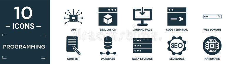 Filled Programming Icon Set. Contain Flat Api, Simulation, Landing Page ...