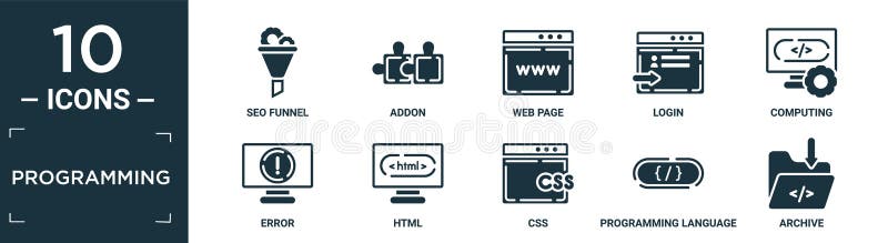 Filled Programming Icon Set. Contain Flat Seo Funnel, Addon, Web Page ...