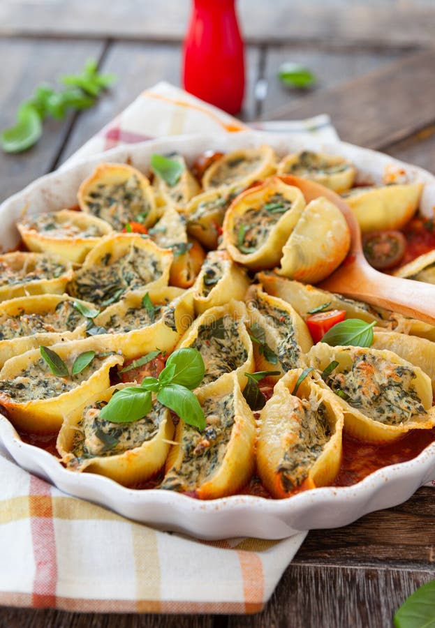 Filled Shell Pasta in Tomato Sauce Stock Image - Image of delicious ...