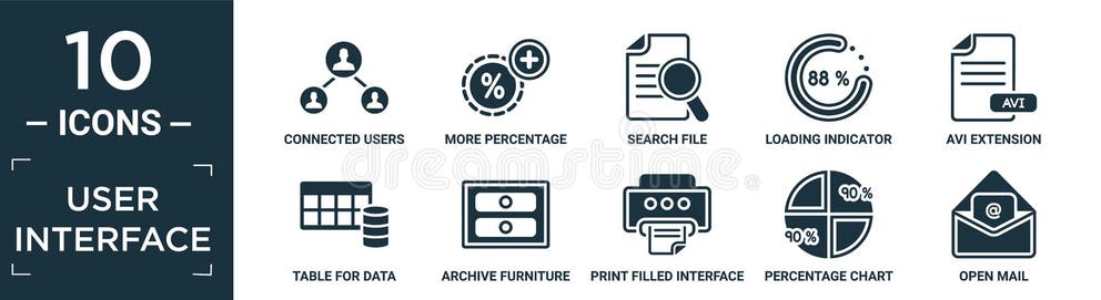 Filled User Interface Icon Set. Contain Flat Connected Users in Flow Chart, More Percentage Plus ...