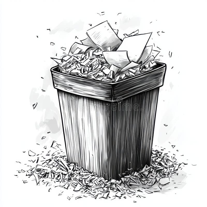 Filled Waste Basket Overflowing with Shredded Paper and Debris Stock ...