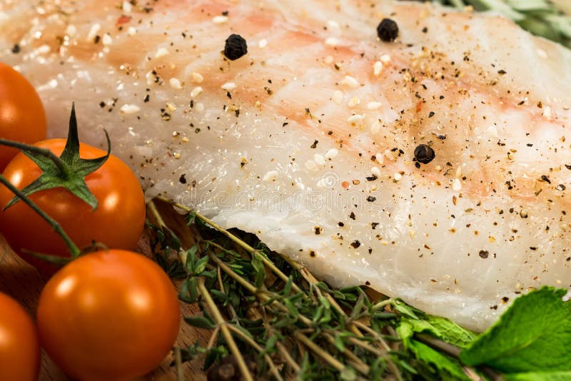 Fillet of Fresh Raw Fish with Herbs Stock Photo - Image of pangasius ...