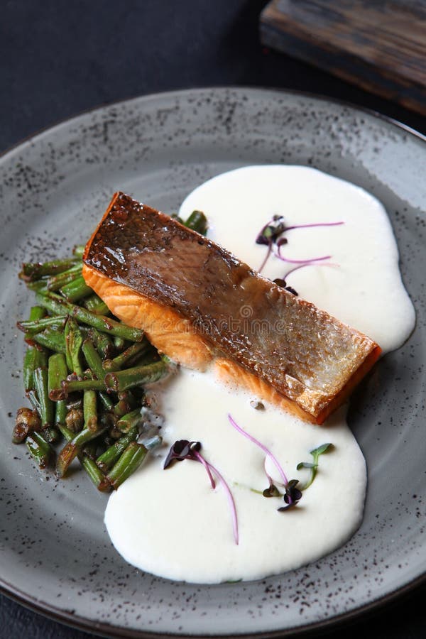 Fillet of Red Salmon Fish with String Beans. a Healthy Diet Dinner ...