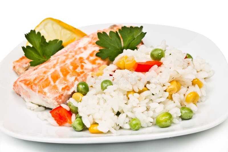 Fillet of Salmon and Rice with Vegetables Stock Image - Image of ...