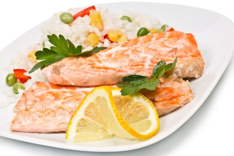 Fillet of Salmon and Rice with Vegetables Stock Image - Image of ...