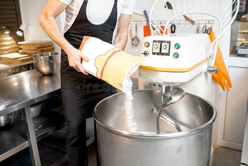 Filling Flour into the Kneader at the Bakery Stock Image - Image of ...