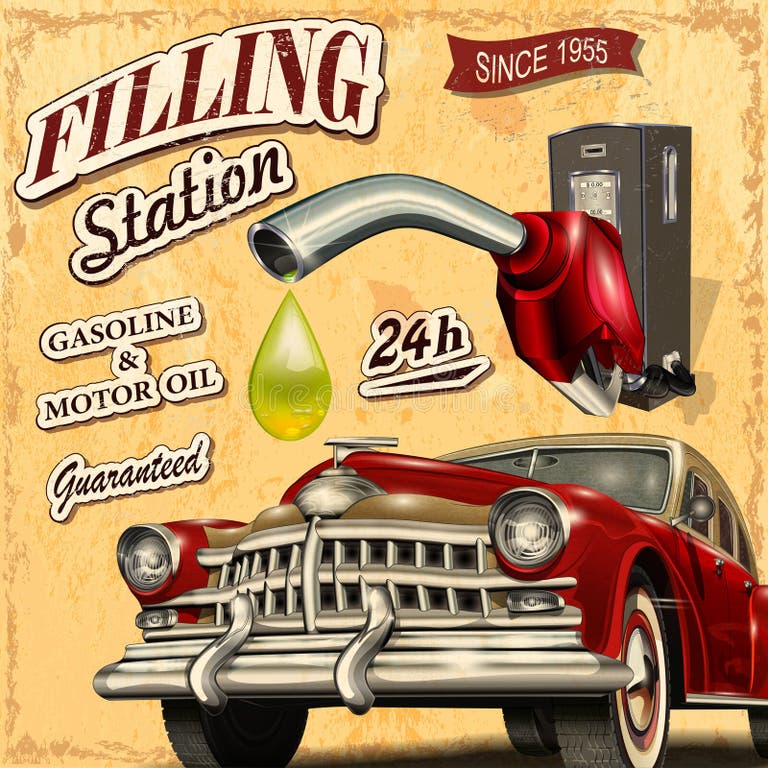 Filling Station Retro Poster Stock Illustration - Illustration of ...