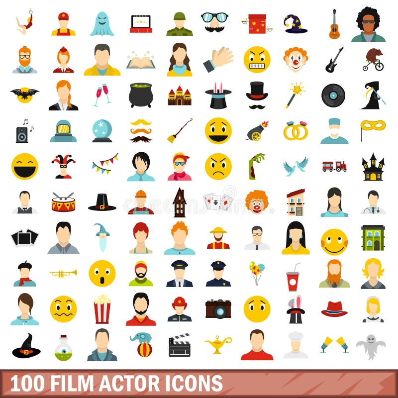 100 Film Actor Icons Set, Flat Style Stock Vector - Illustration of ...