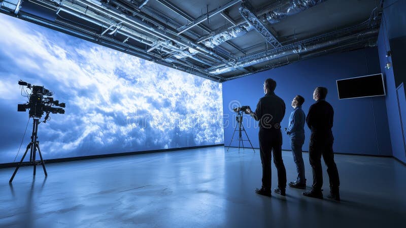 Film Crew Filming Cloudscape on Large LED Screen in Studio Stock ...