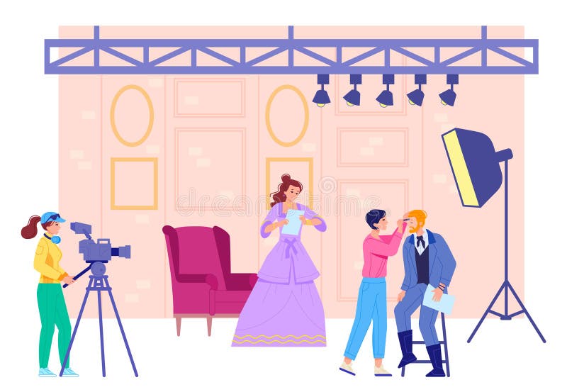 Film Production Scene. Actors and Crew Preparing for Shoot Stock Vector ...