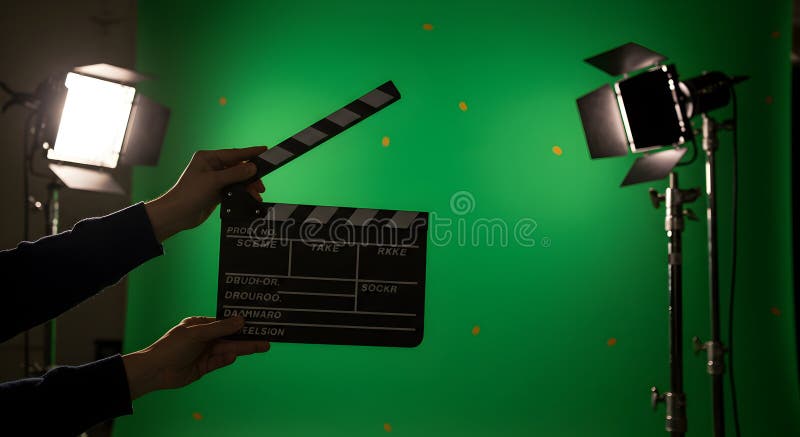 Film Production Scene with Clapperboard Against Green Screen Backdrop ...