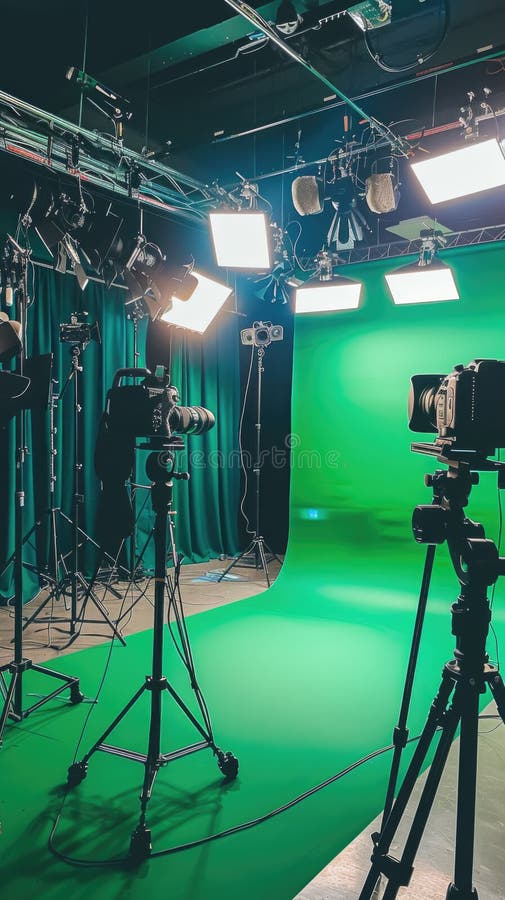 Film Studio with a Large Green Screen and Professional Lighting Setup ...