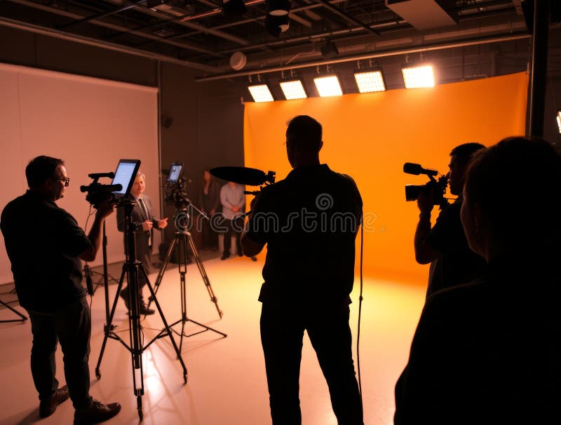 A Film Studio Scene with Crew Members Filming a Subject in Front of an ...