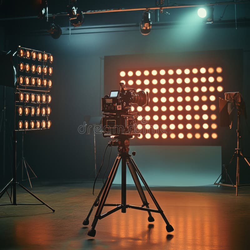 Film Studio Setup Featuring a Vintage Camera and Bright Lights in an ...