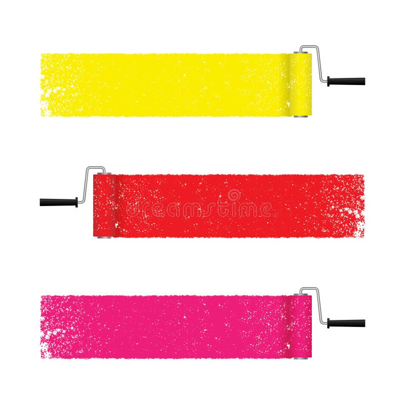 Three Paint Rollers with Vibrant Yellow, Red, and Pink Textured Strokes ...