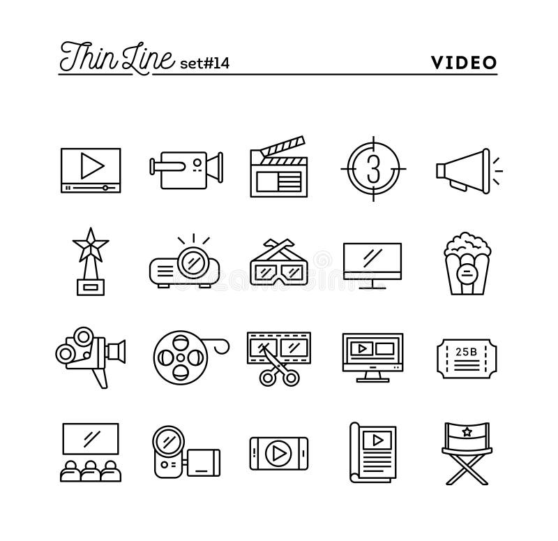 Film, Video, Shooting, Editing and More, Thin Line Icons Set Stock ...