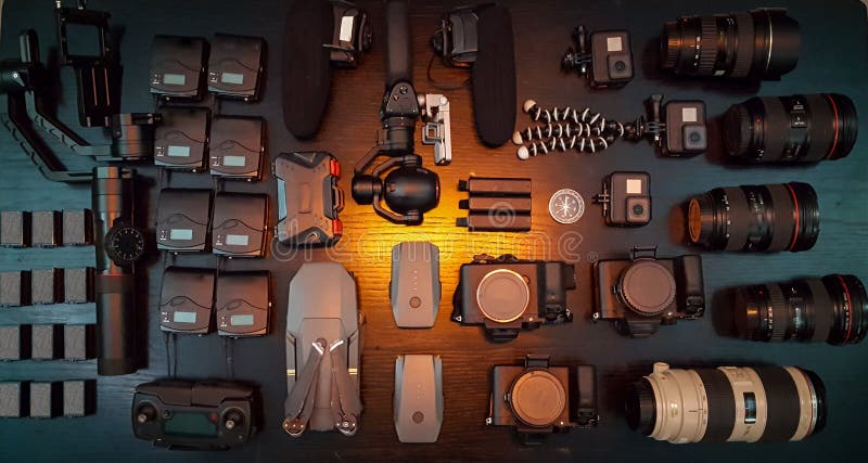 Filmaking Gears on the Table, Cameras, Gimble, Action Cameras Stock ...