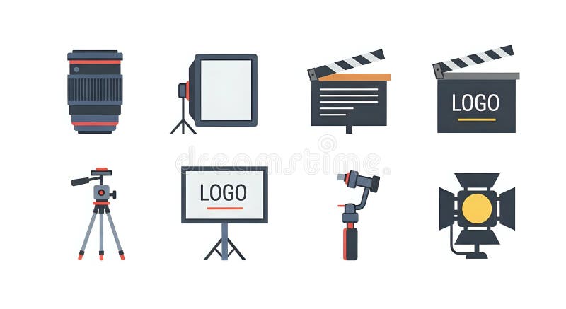 Filming Equipment Flat Vector Icons on White Background Stock ...