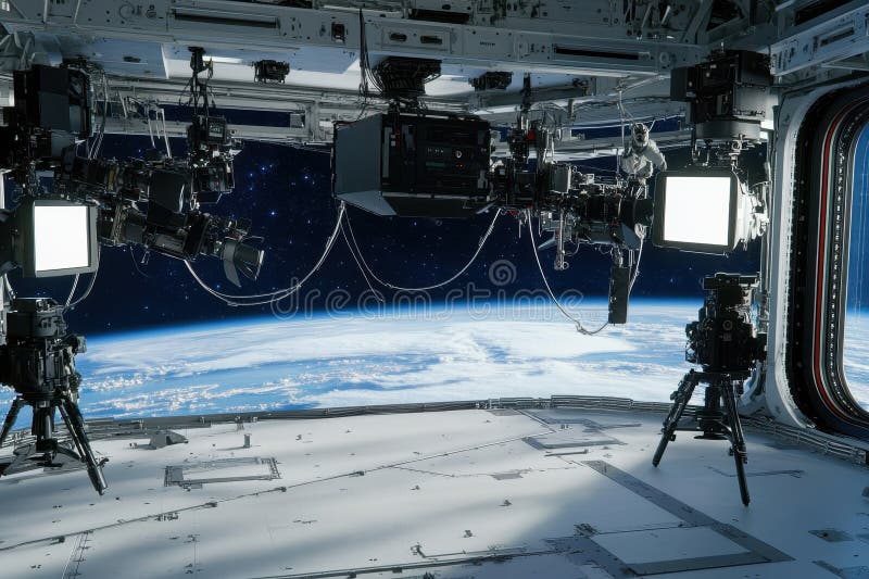Filming Setup Inside the International Space Station with Earth Visible ...