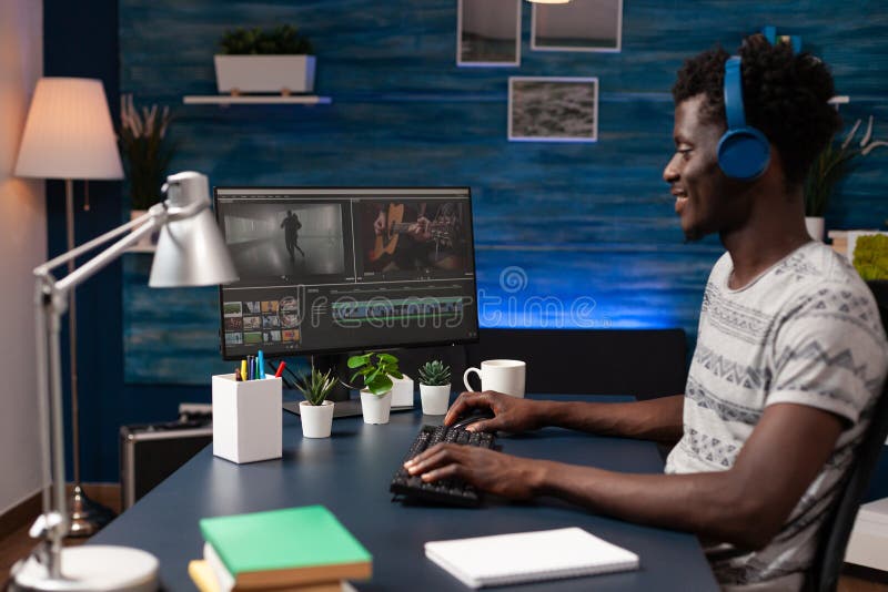 Filmmaker Editor Sitting at Desk Table in Creativity Studio Stock Image ...