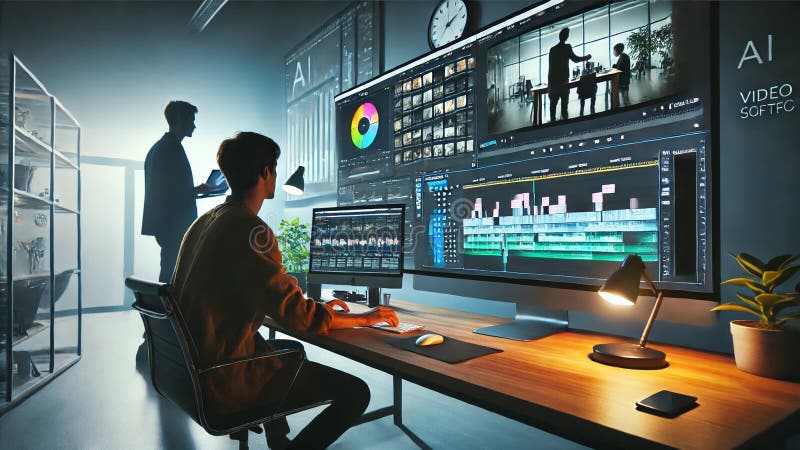 Filmmaker Editing Video with AI Software on Large Monitor Stock ...