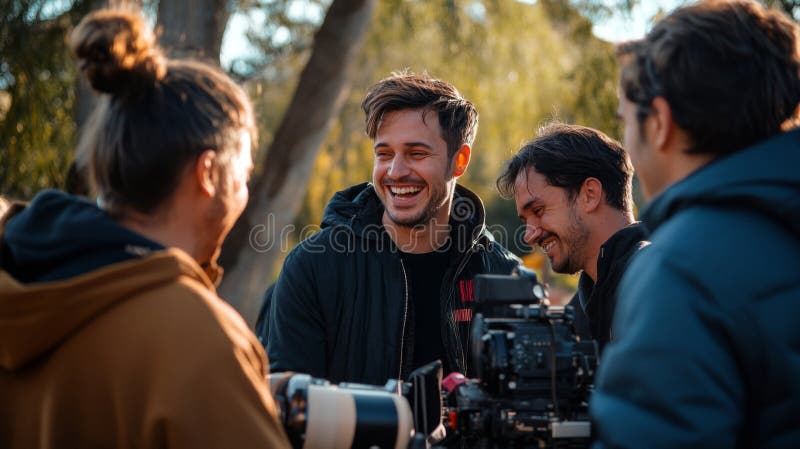 Filmmaking Crew Laughing Together Outdoors with Professional Camera ...