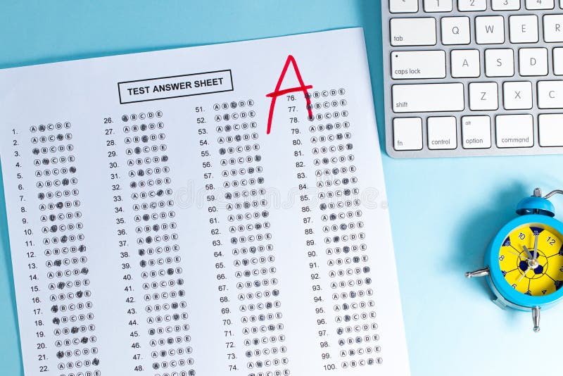 Final Exam Marked with a+ with Red Pencil on Blue Background, Top View ...